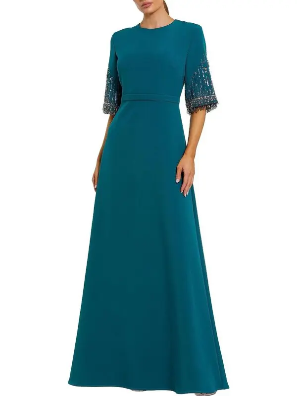 Mac Duggal Crêpe Beaded-sleeve A-line Gown - Ocean