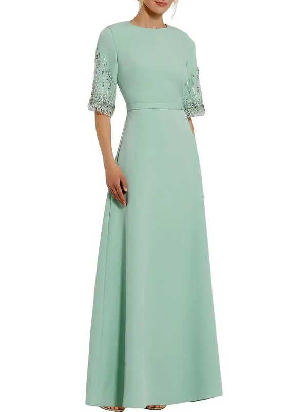 Mac Duggal Crêpe Beaded-sleeve A-line Gown - Sage