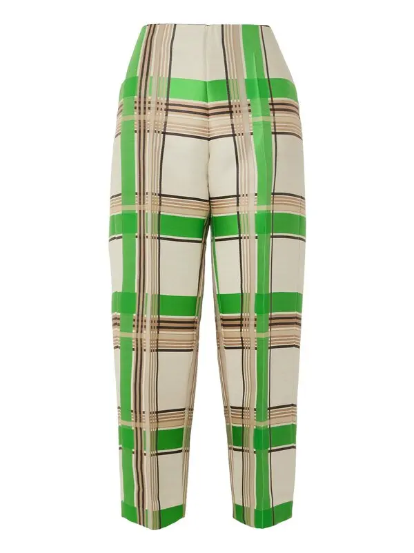 Dries Van Noten Checked Satin-jacquard Tapered Trousers - Green