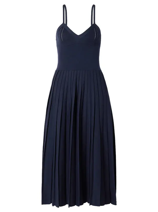 Khaite Elio Pleated Pointelle-trimmed Wool-blend Midi Dress - Blue
