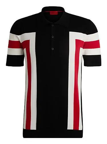 Hugo Button-neck Short-sleeve Stripe Cotton Polo - Black