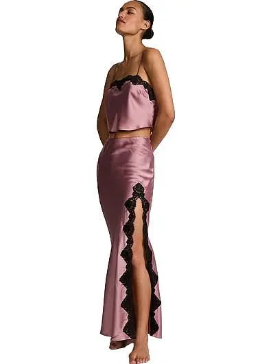 Victoria's Secret Dream Angels Satin Lace-trim Cropped Top & Slip Skirt Set - Pink