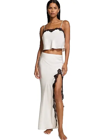 Victoria's Secret Dream Angels Satin Lace-trim Cropped Top & Slip Skirt Set - White,ivory