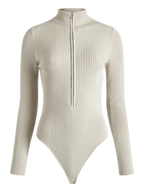 Good American Virgo Ribbed Half Zip Bodysuit - Short Bread