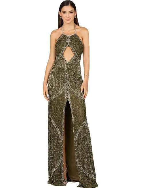 LARA NEW YORK Symmetrical Halter Neck Gown - Olive