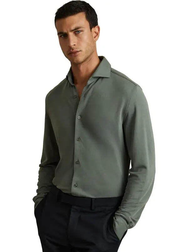 REISS Bobby Modal Blend Cutaway Collar Shirt - Green Smoke