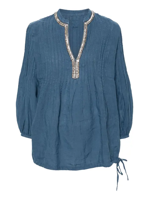 120% Lino Split-neck Linen Blouse - Blue