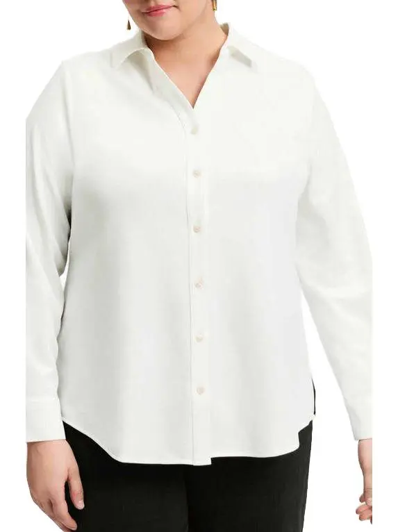 Foxcroft Mary Crepe Knit Button-up Shirt - Ecru