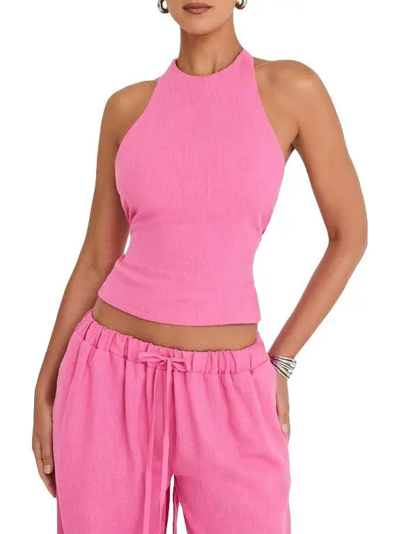 MISTRESS ROCKS Crop Linen Blend Halter Top - Rose