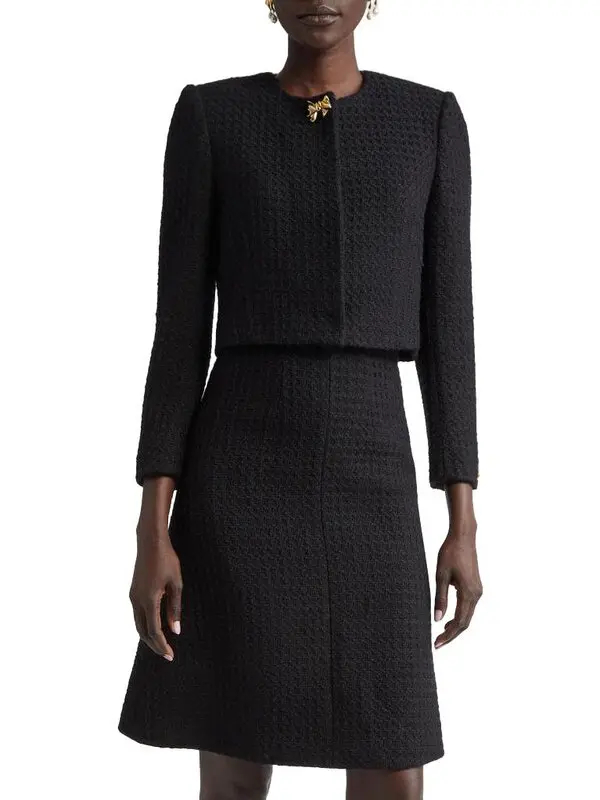 Oscar De La Renta Bow Detail Wool Tweed Crop Jacket - Black