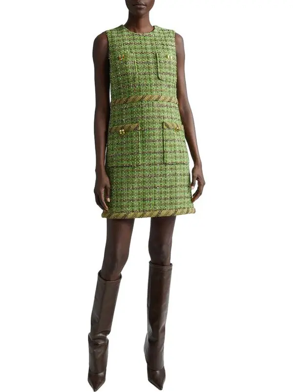 St. John Metallic Eyelash Tweed Sleeveless Shift Dress - Cypress/moss Multi