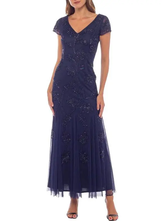 Marina B Beaded V-neck Gown - Navy