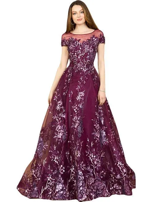 LARA NEW YORK Lace Applique A-line Ball Gown - Eggplant