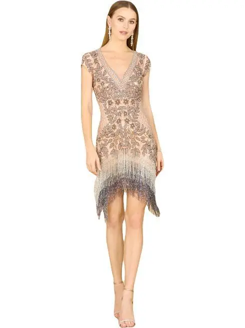 LARA NEW YORK Beaded Fringe Short Cocktail Dress - Blush