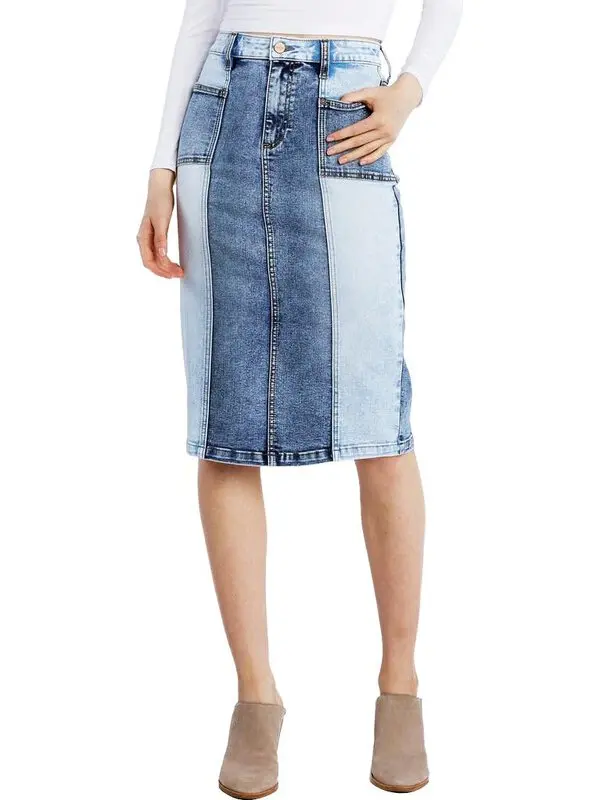 HINT OF BLU Pieced Midi Denim Skirt - Country Blue