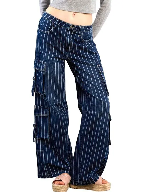 WASH LAB DENIM High-waist Straight-leg Cargo Jeans - Indigo Stripes