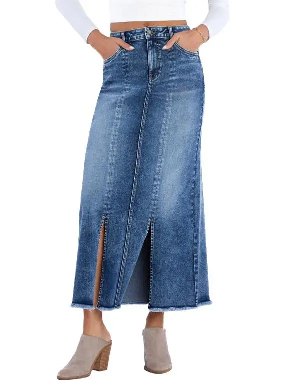 WASH LAB DENIM Double Front Slit Denim Maxi Skirt - Split Blue