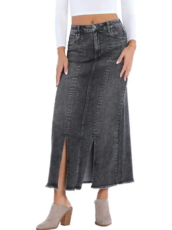 WASH LAB DENIM Double Front Slit Denim Maxi Skirt - Split Grey