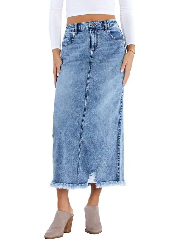 WASH LAB DENIM Demolition Frayed Skirt - Concrete Denim