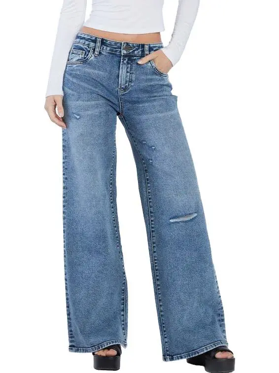 HINT OF BLU Torn Ripped Wide Leg Jeans - Authentic Blue