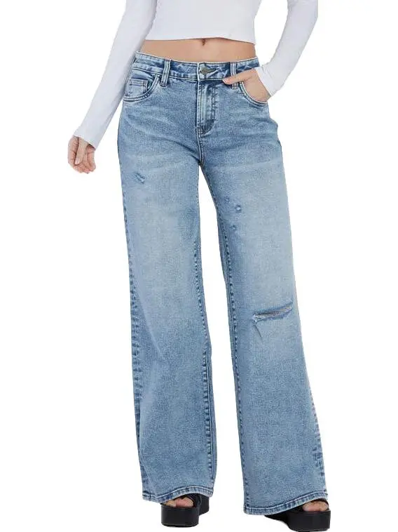 HINT OF BLU Torn Ripped Wide Leg Jeans - Blue