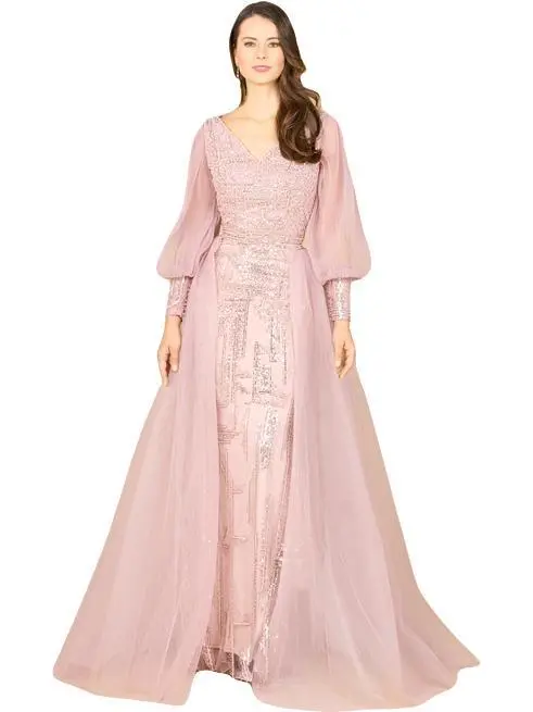 LARA NEW YORK Long Sleeve Lace Gown With Removable Overskirt - Dustypurple