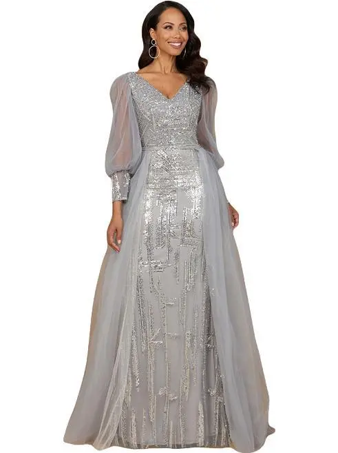 LARA NEW YORK Long Sleeve Lace Gown With Removable Overskirt - Silver