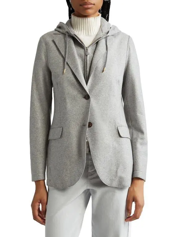 Eleventy Wool Blend Flannel Blazer With Removable Hooded Bib - Grey