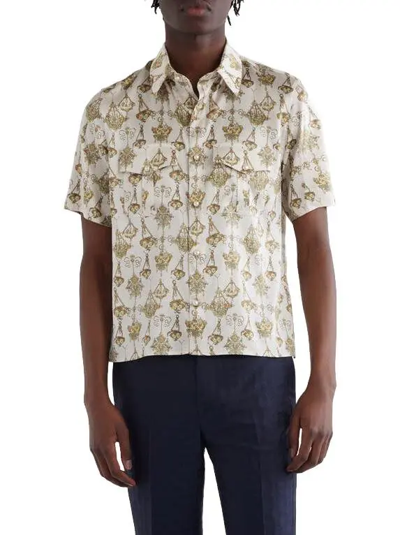 Givenchy Military Slim Fit Short Sleeve Stretch Silk Button-up Shirt - Cream/ochre