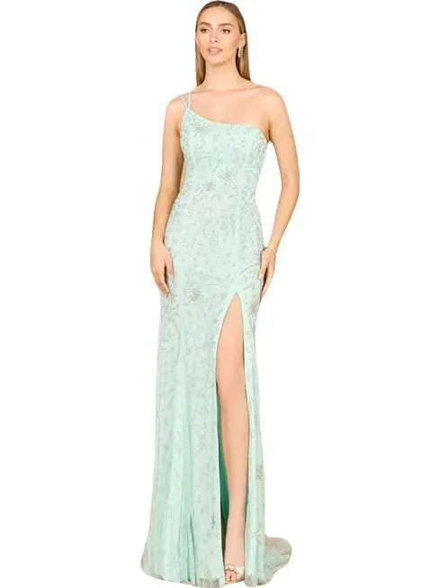 LARA NEW YORK One-shoulder Beaded Gown With Slit - Mint