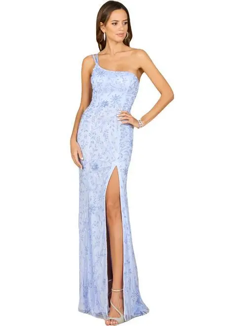 LARA NEW YORK One-shoulder Beaded Gown With Slit - Periwinkle