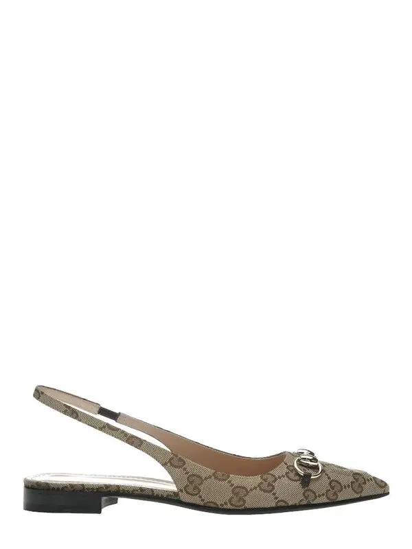 Gucci Horsebit Slingback Flat In Gg Canvas - Beige/ebony