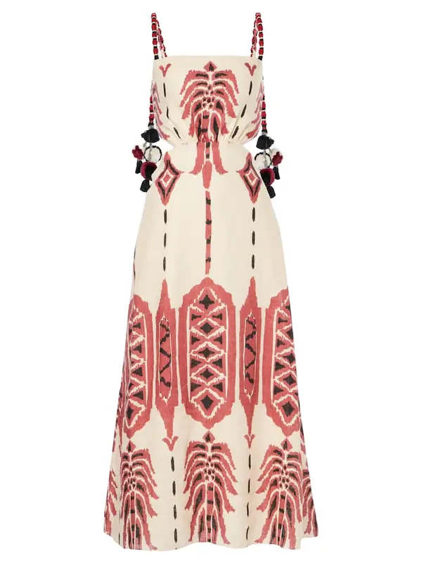 Johanna Ortiz Printed Embroidered Linen Midi Dress - Multicoloured