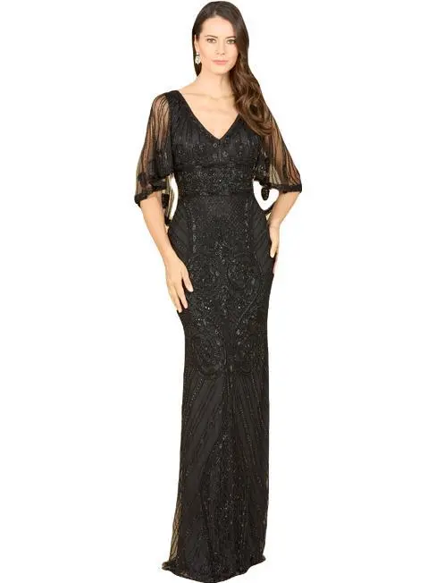LARA NEW YORK Cape Sleeve V-neck Beaded Gown - Black