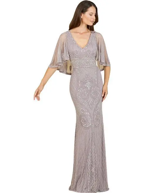 LARA NEW YORK Cape Sleeve V-neck Beaded Gown - Lilac