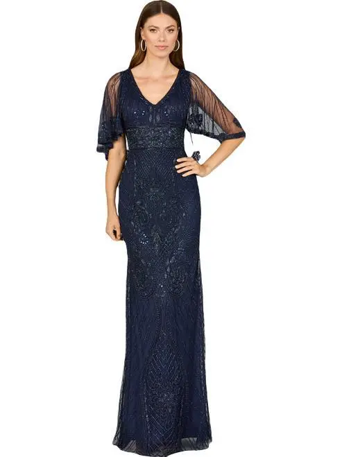 LARA NEW YORK Cape Sleeve V-neck Beaded Gown - Navy