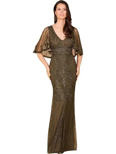 LARA NEW YORK Cape Sleeve V-neck Beaded Gown - Olive