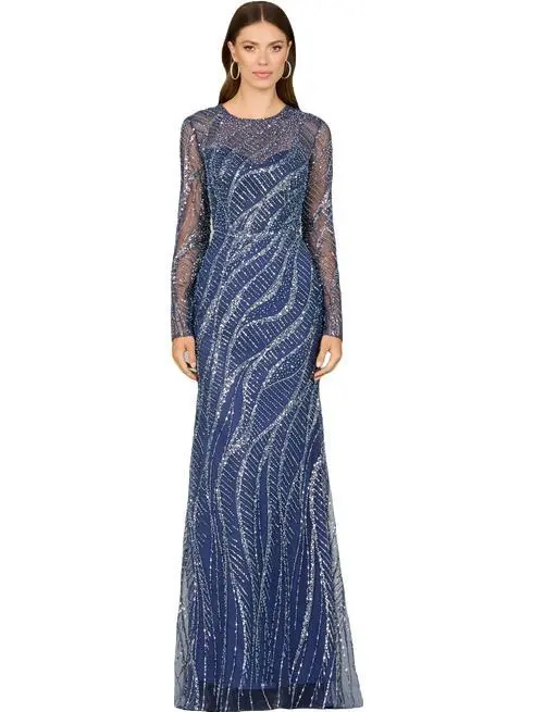 LARA NEW YORK Long Sleeve Beaded Sheath Gown - Blue
