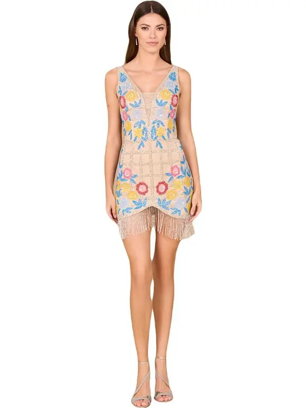 LARA NEW YORK Floral Beaded Fringe Cocktail Dress - Nude/multi