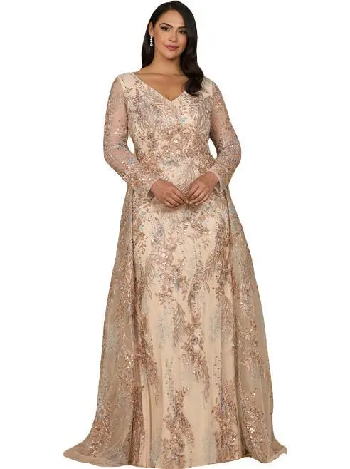 LARA NEW YORK Lace Long Sleeve Gown With Overskirt - Champagne