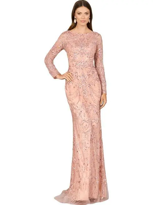 LARA NEW YORK Long Sleeve Lace Gown - Blush