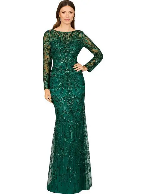 LARA NEW YORK Long Sleeve Lace Gown - Green