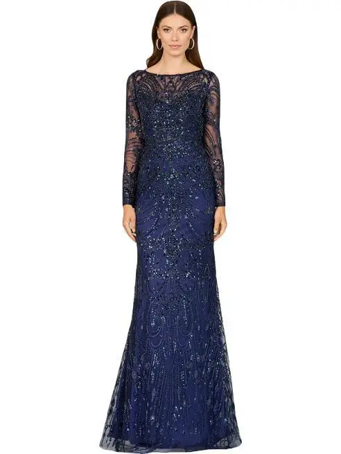 LARA NEW YORK Long Sleeve Lace Gown - Navy