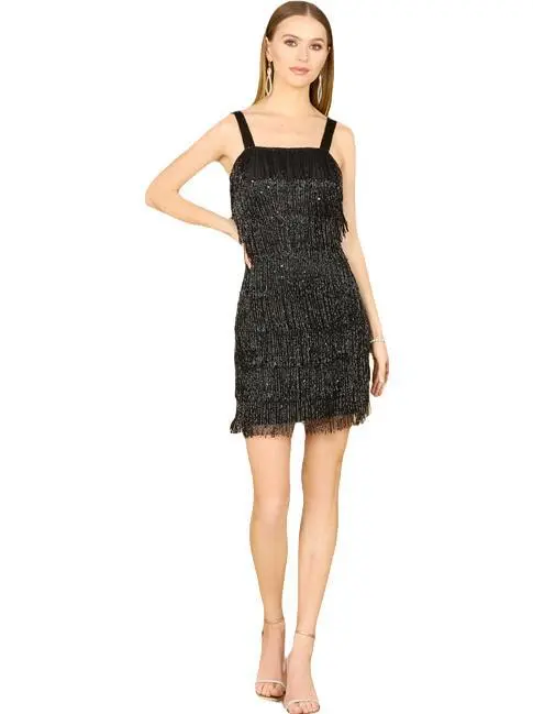 LARA NEW YORK Beaded Fringe Tulle Dress - Black