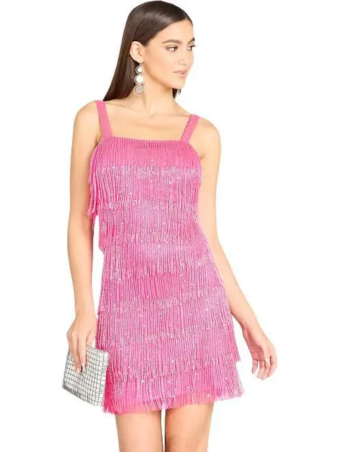 LARA NEW YORK Beaded Fringe Tulle Dress - Hotpink