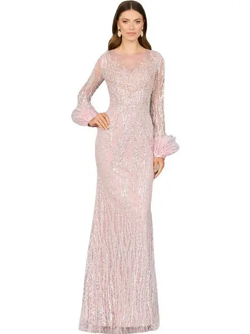LARA NEW YORK Long Sleeve Beaded Sheath Gown With Feathers - Purplemist