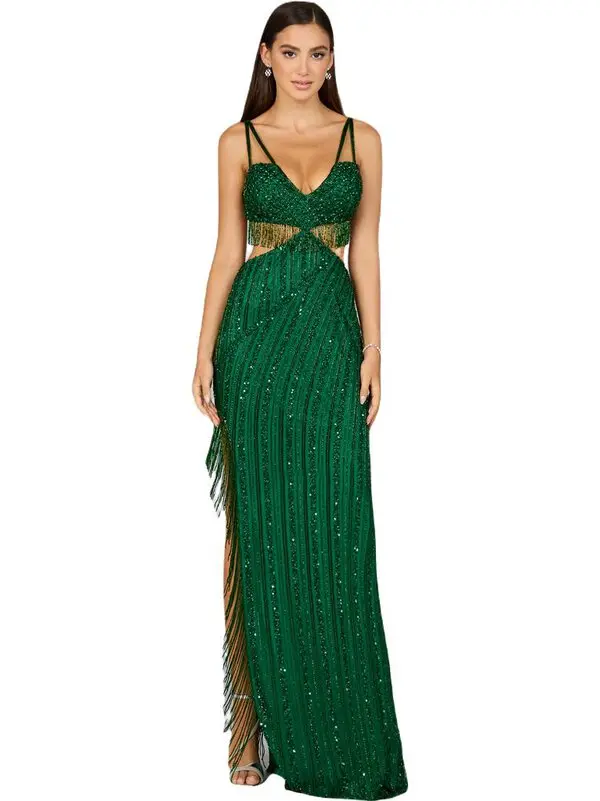 LARA NEW YORK Cutout Beaded Gown With Fringes - Emerald