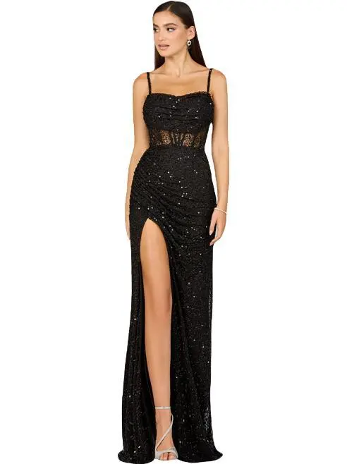 LARA NEW YORK Elegant Corset Gown With Slit - Black