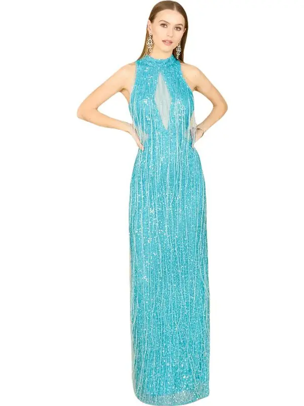 LARA NEW YORK Carrie Beaded Fringe Dress - Aqua