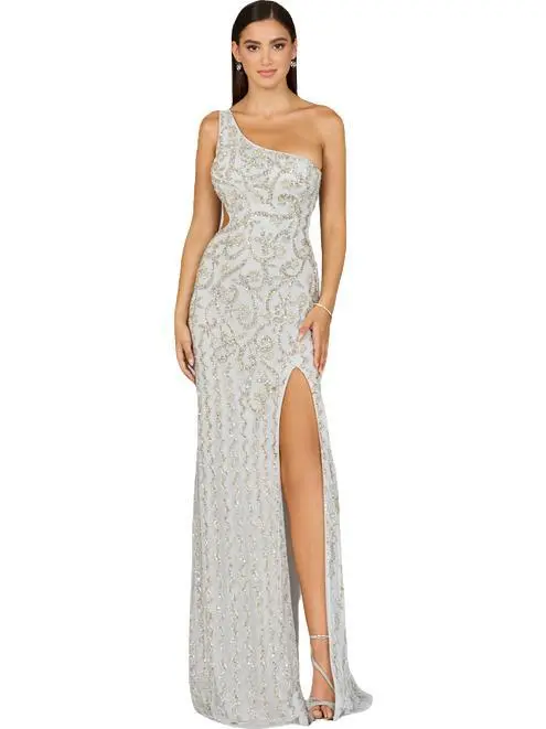 LARA NEW YORK One-shoulder Beaded Gown With Slit - Silver